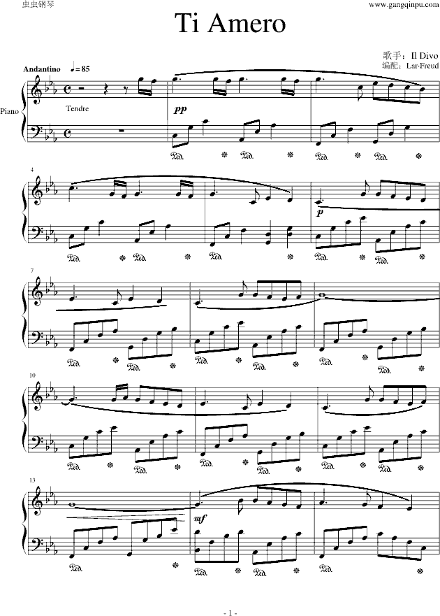 piano sheet music -Ti Amero - www.gangqinpu.com