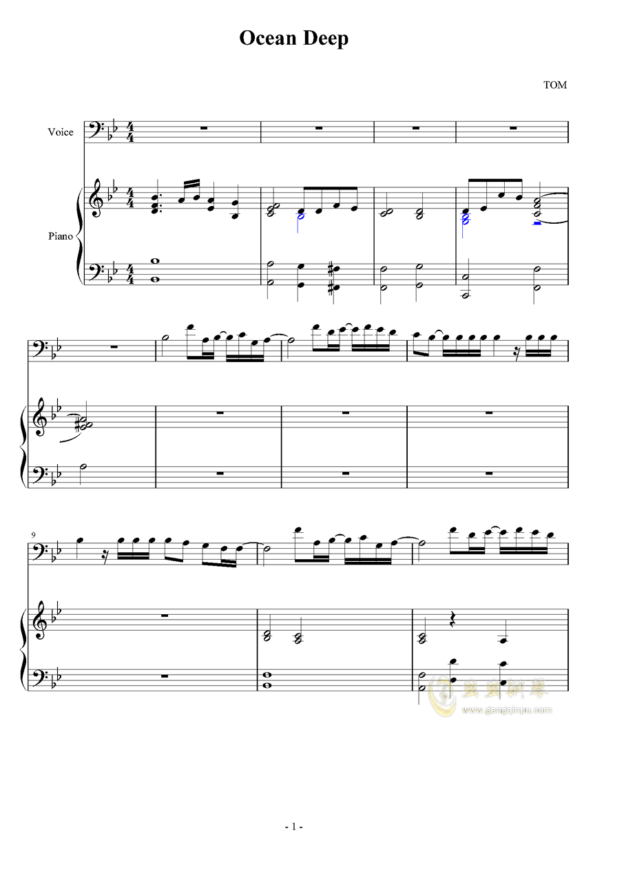 Ocean Deep，Ocean Deep钢琴谱，Ocean DeepBb调钢琴谱，Ocean Deep钢琴谱大全，虫虫钢琴谱下载-www ...